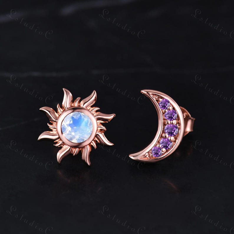 Sunstone Amethyst Sun Crescent Moon Stud Earrings Unique Celestial ...