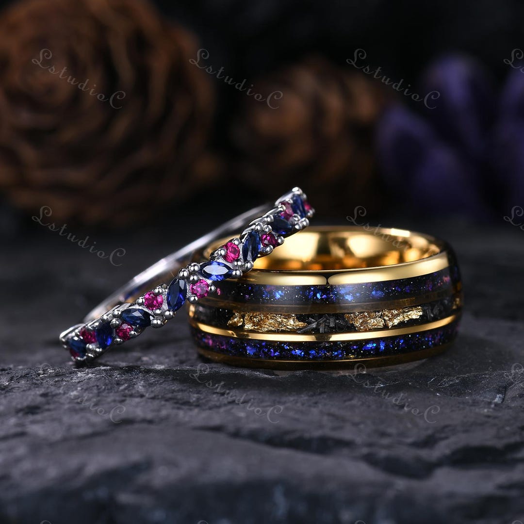 Vintage Sapphire Ruby Couple Ring Set Galaxy Nebula Tungsten Mens Ring ...