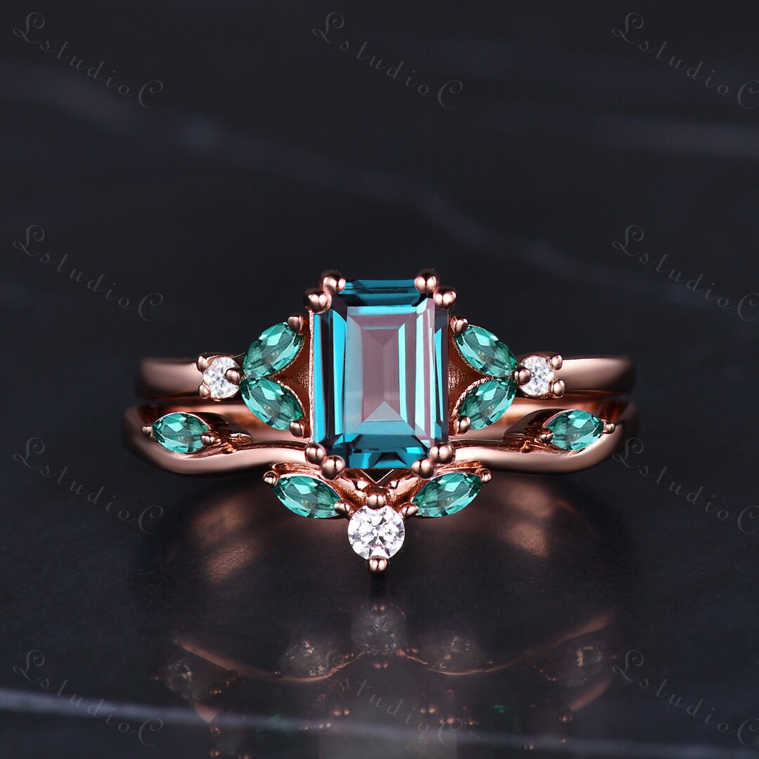 Emerald Cut Alexandrite Promise Ring Set 14k Rose Gold Emerald ...