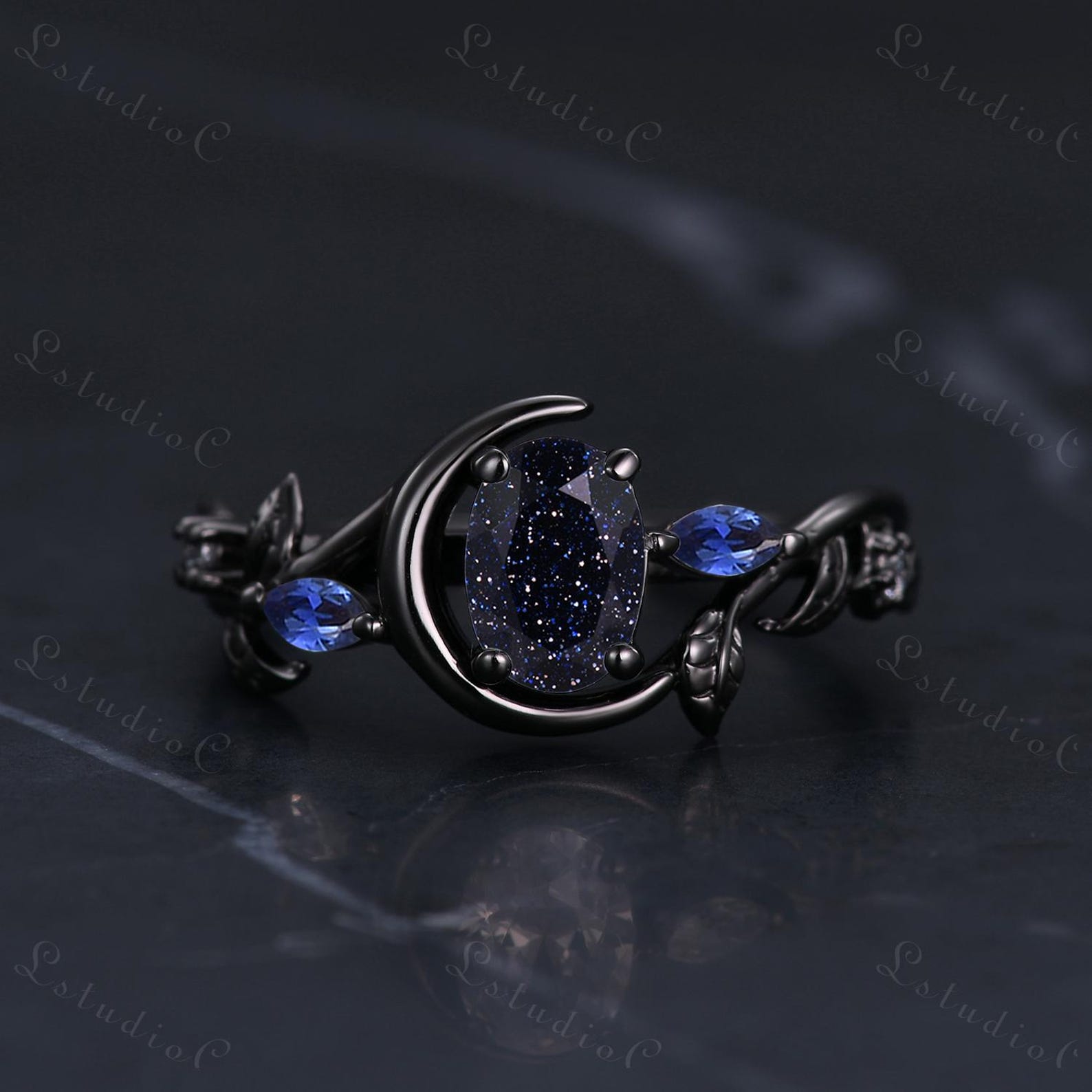 Vintage Oval Blue Sandstone Couple Ring Set Black Gold His and Hers ...