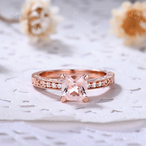 Cushion Cut Morganite Engagement Ring Rose Gold Vintage Etsy