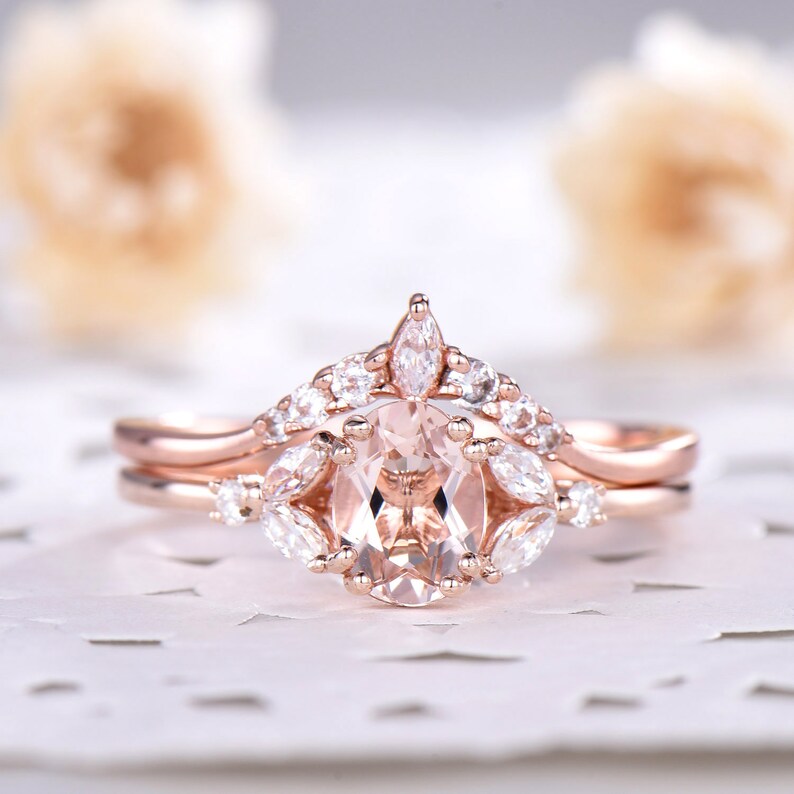 Oval Morganite Engagement Ring Set Rose Gold Pink Morganite - Etsy