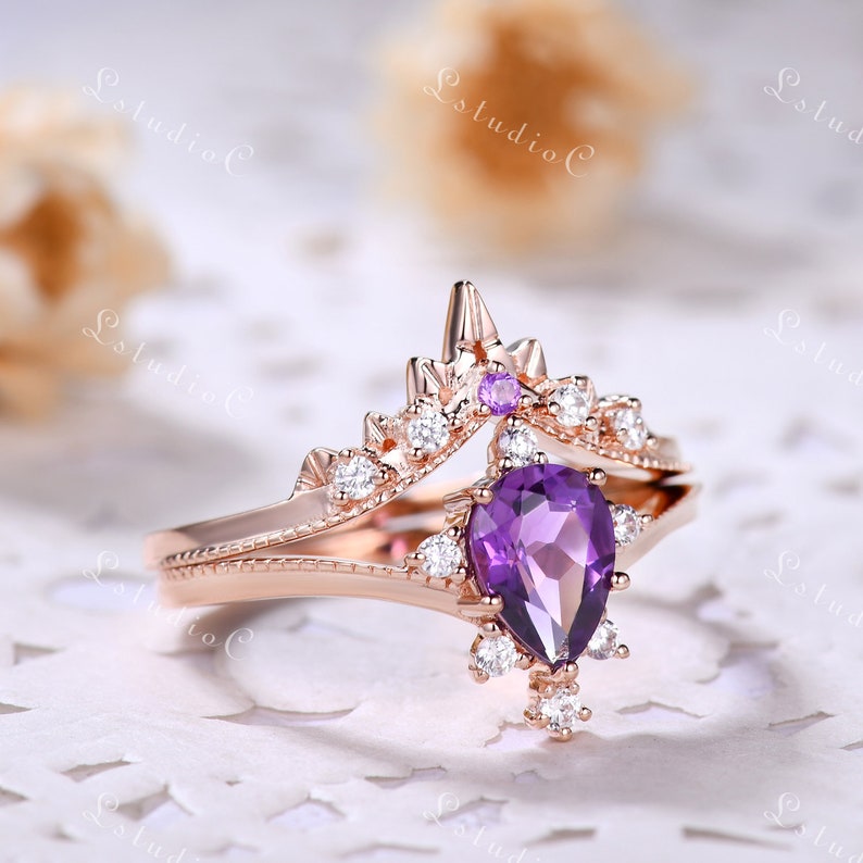 Amethyst Ring Set Pear Shaped Amethyst Engagement Ring Set - Etsy