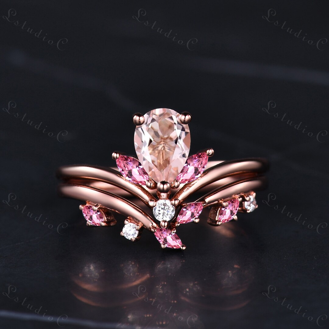 Vintage Pear Shaped Morganite Teardrop Engagement Ring Set Rose Gold ...