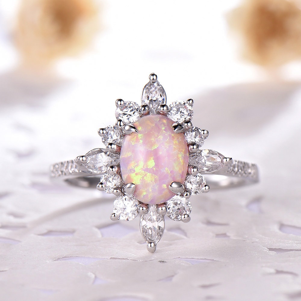 Pink Fire Opal Engagement Ring CZ Diamond Halo 14k White Gold - Etsy