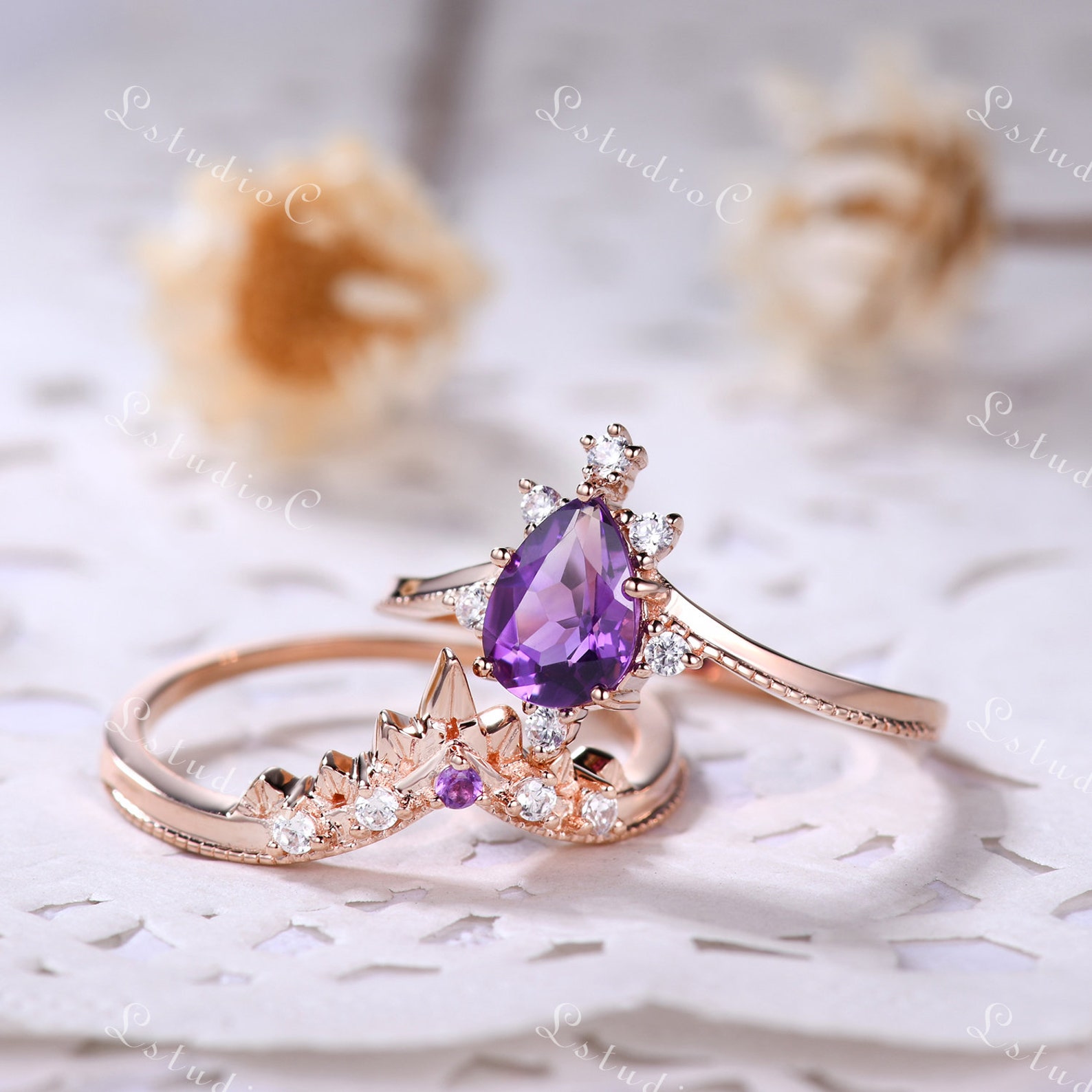 Amethyst Ring Set Pear Shaped Amethyst Engagement Ring Set - Etsy