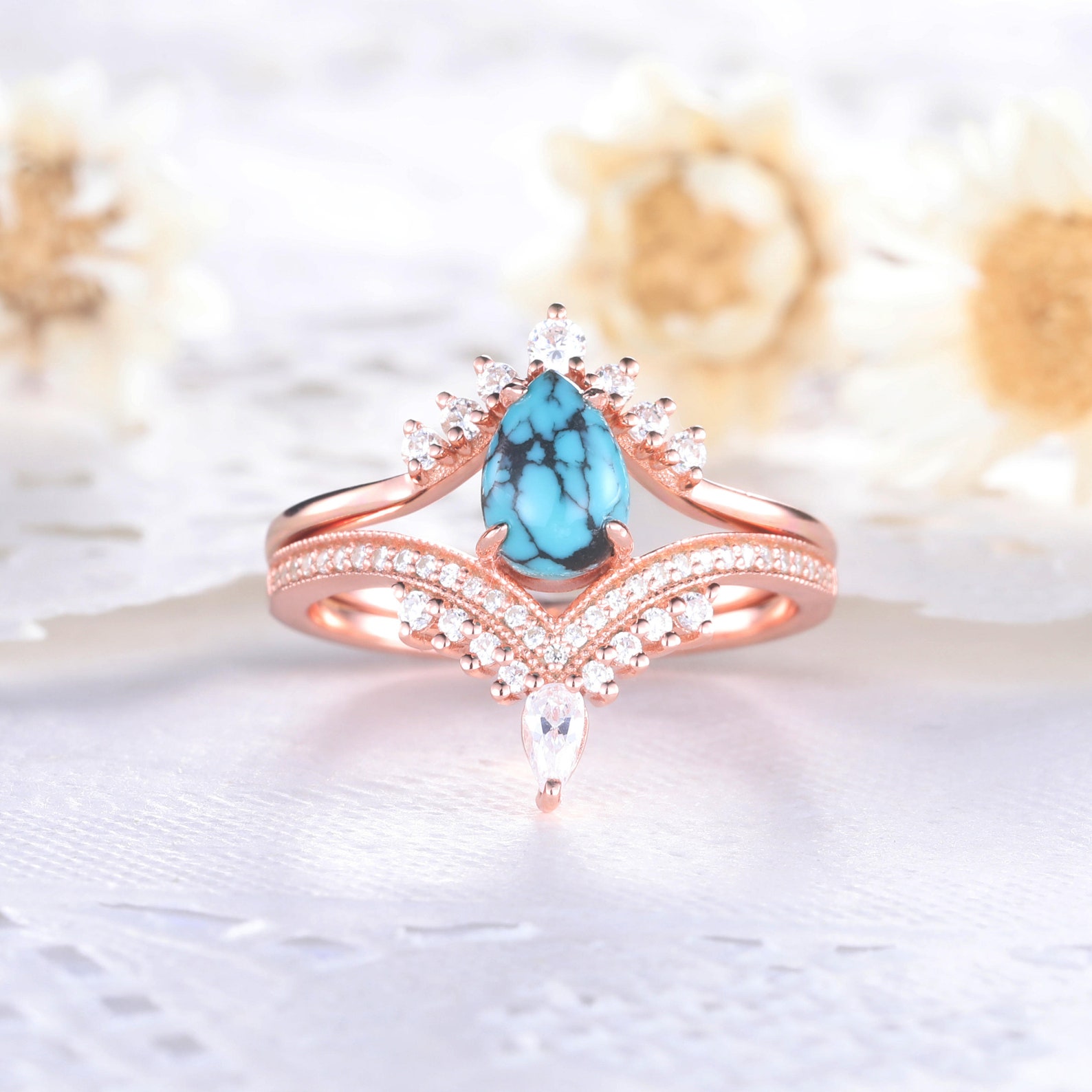 Turquoise Ring Set Rose Gold Turquoise Engagement Ring Set | Etsy