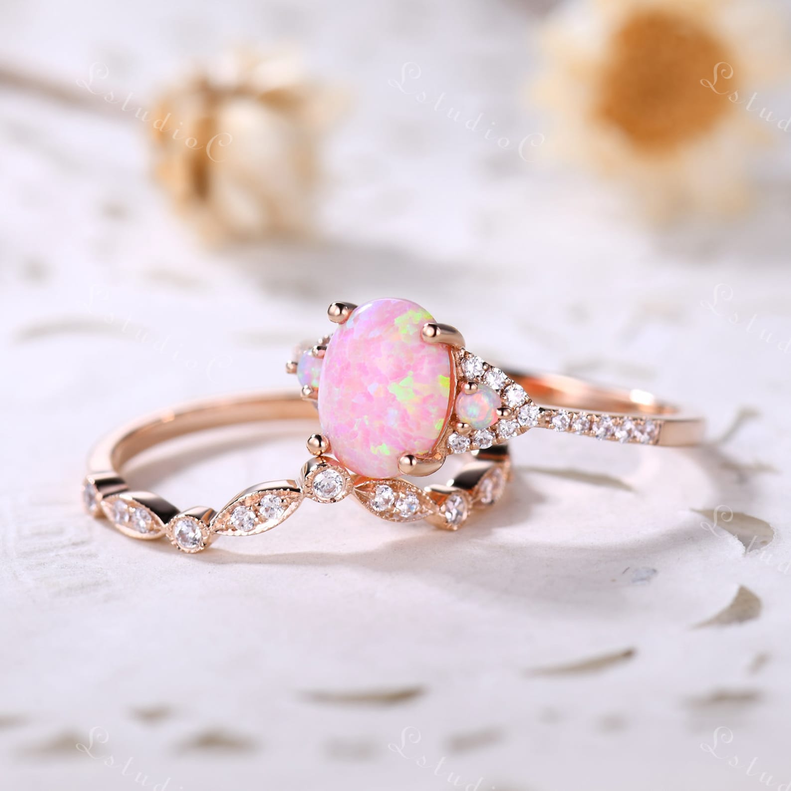 Oval Cut Pink Opal Ring Set 14k Rose Gold Vintage Fire Opal Moissanite ...
