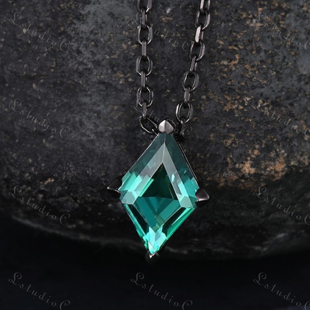 Dainty Rhombus Cut Emerald Pendant Black Gold Minimalist Kite Cut Green Stone Necklace ...