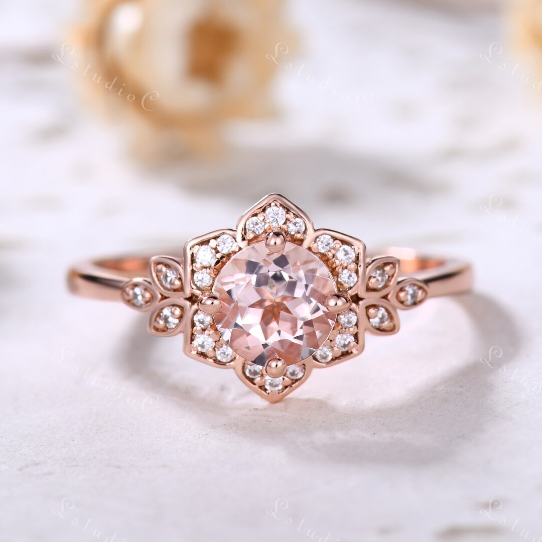 Flower Morganite Engagement Ring Vintage Morganite Wedding Ring Round Morganite Ring Rose Gold ...
