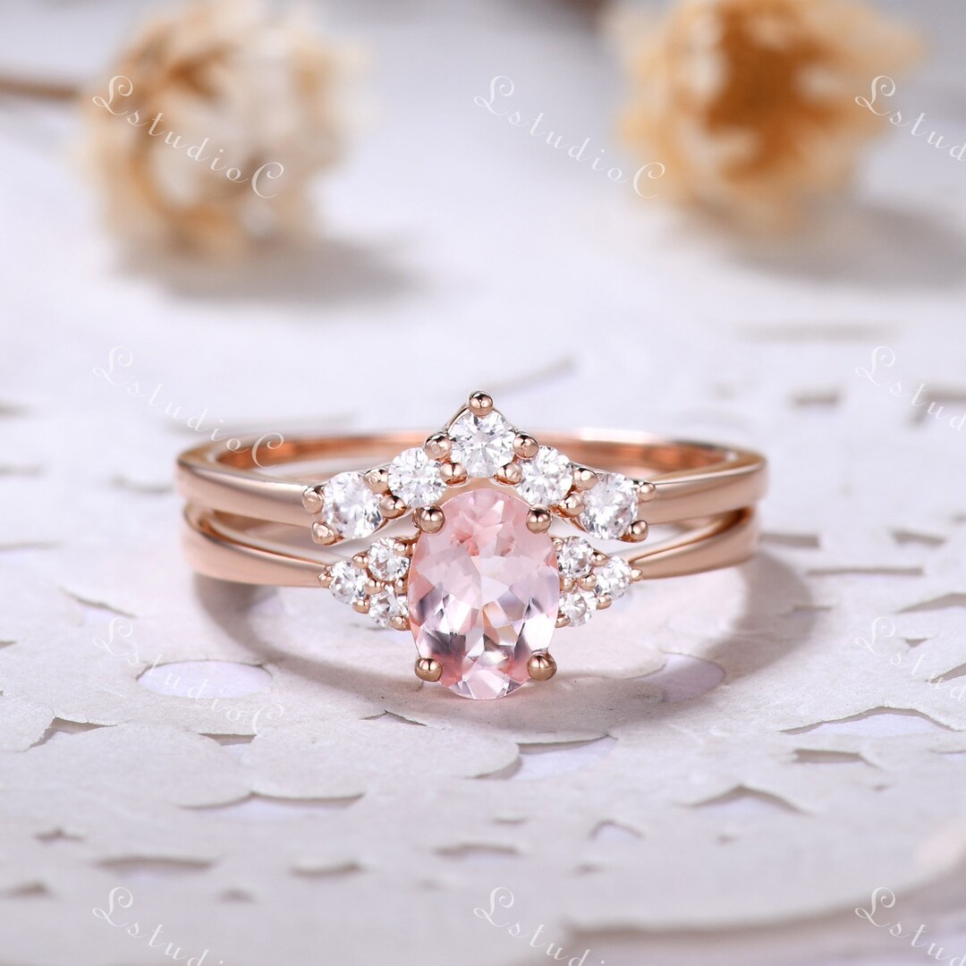 Oval Morganite Ring Set Vintage Pink Morganite Engagement Ring Set Rose ...