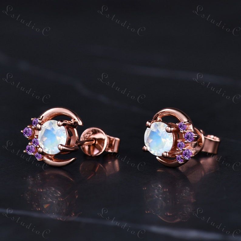 Unique Round Cut Moonstone Earrings Rose Gold Cluster Amethyst Moon ...