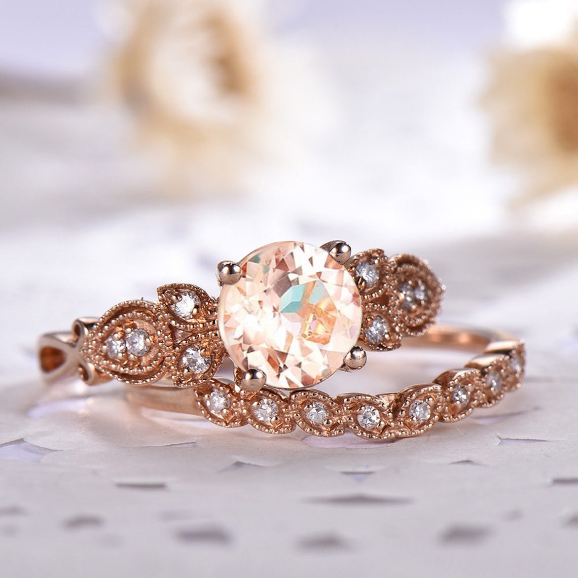 Pink Morganite Ring Set Rose Gold Morganite Engagement Ring | Etsy