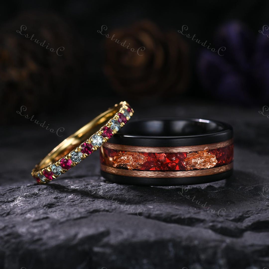 Alexandrite Ruby Couple Ring Set Vintage Black Tungsten Mens Ring June ...