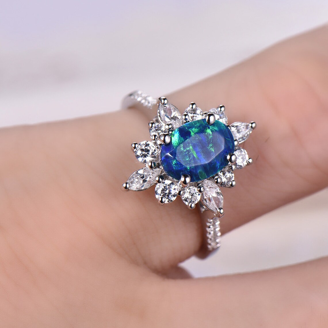 Blue Fire Opal Engagement Ring 925 Sterling Silver 14k White - Etsy
