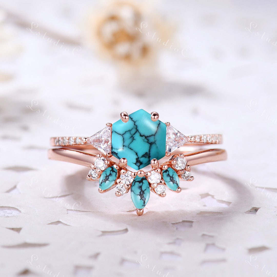 Vintage Hexagon Cut Turquoise Engagement Ring Set Rose Gold Turquoise ...