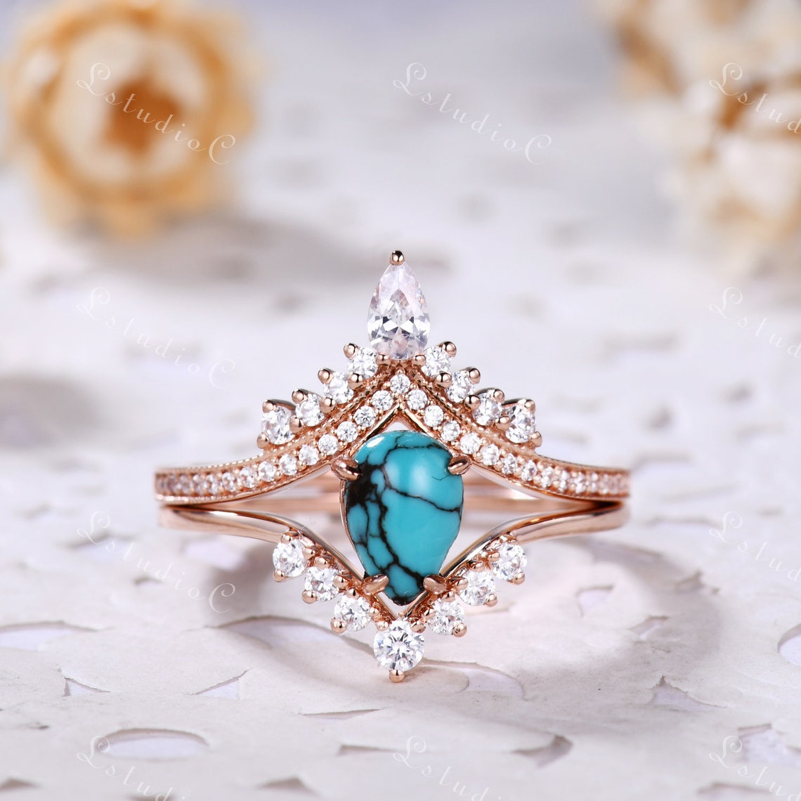 Turquoise Ring Set Rose Gold Turquoise Engagement Ring Set - Etsy