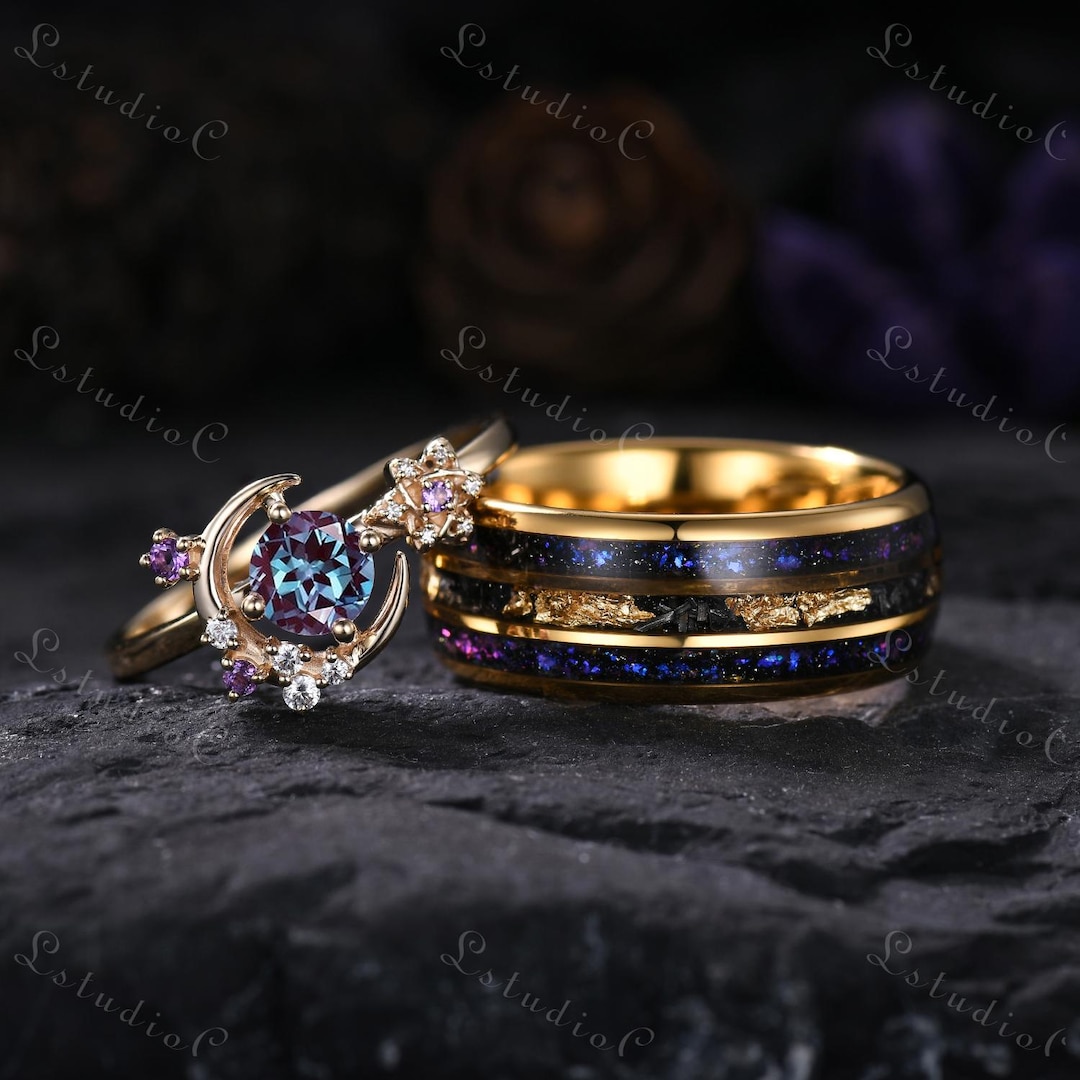 Vintage Round Alexandrite Couple Ring Set Unique Galaxy Tungsten Mens ...