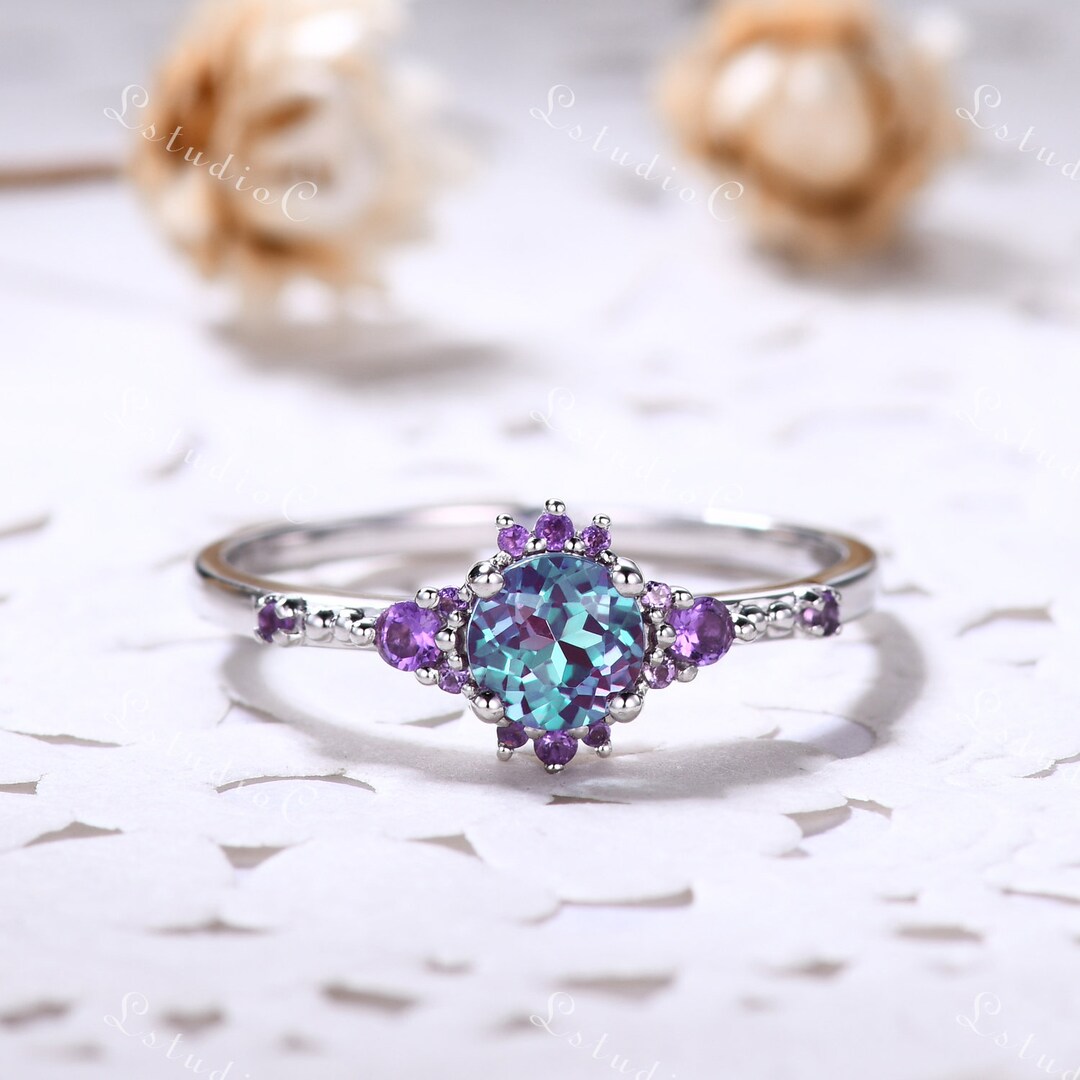 Vintage Alexandrite Engagement Ring White Gold Unique Amethyst Wedding ...