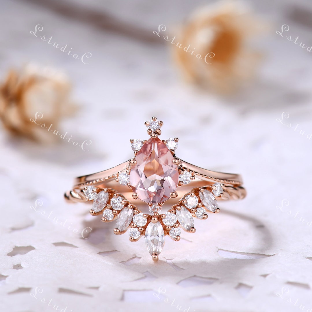 Pink Morganite Ring Set Pear Morganite Wedding Ring Set Rose Gold ...