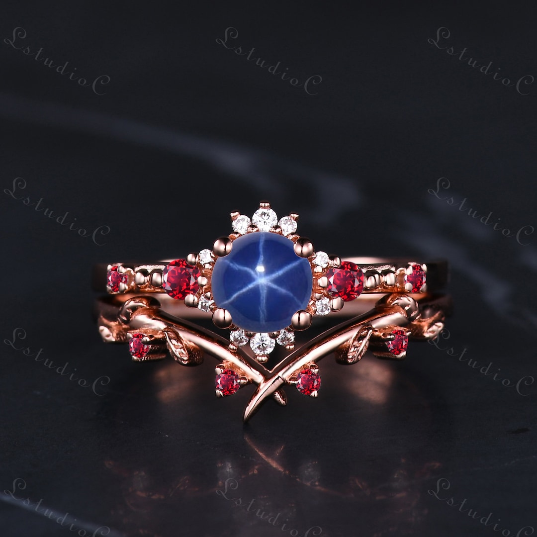 Unique Star Sapphire Engagement Ring Set Vintage Ruby Leaf Stacking Ring Branch Vine Bridal Set ...