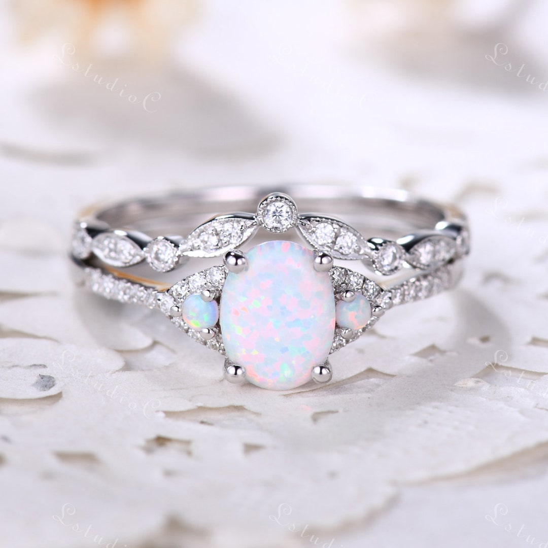 Oval Cut White Opal Ring Set 2pcs White Gold Vintage Fire Opal ...