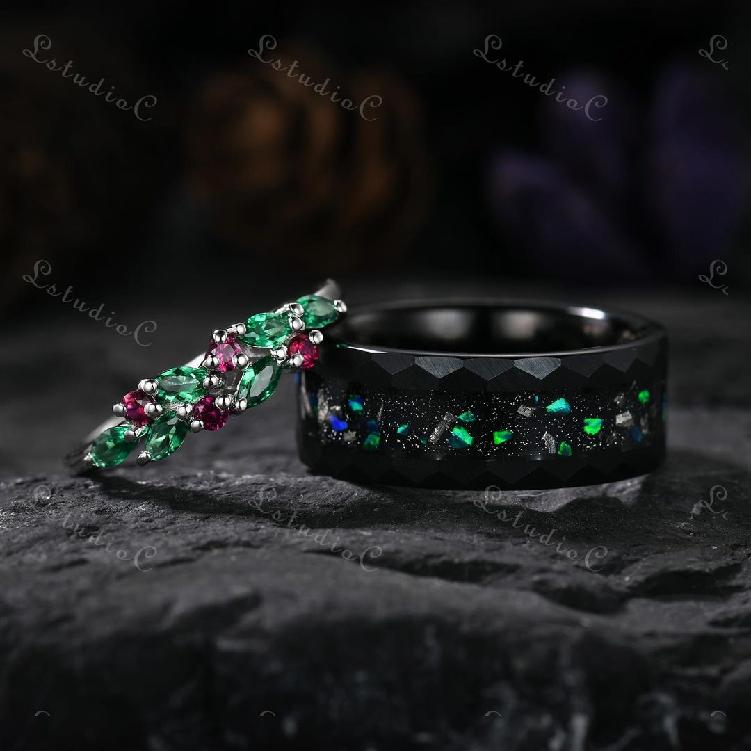 Vintage Emerald Ruby Couple Ring Set Galaxy Hammered Black Tungsten ...