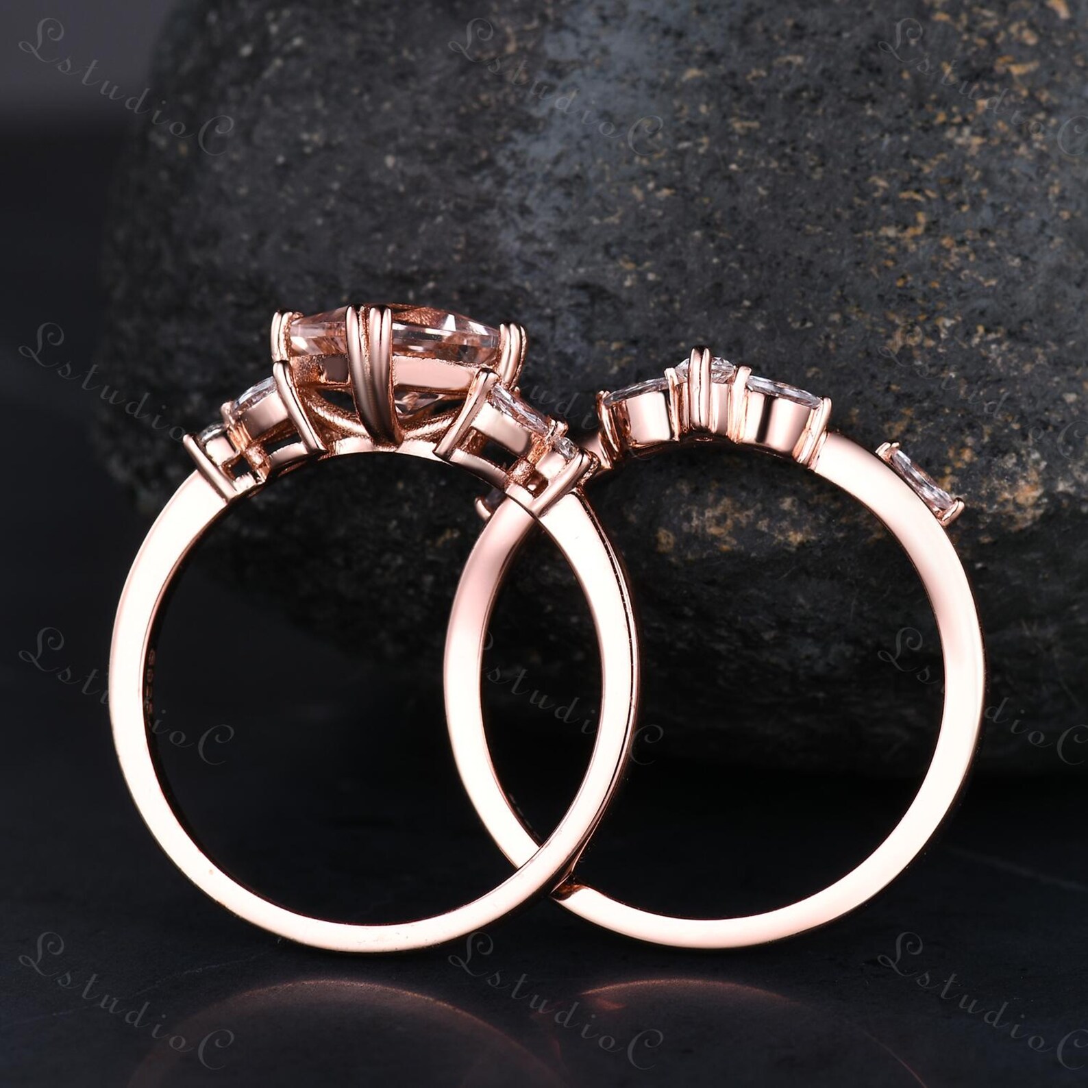 Princess Cut Green Emerald Moss Agate Engagement Ring Set 14k Rose Gold ...