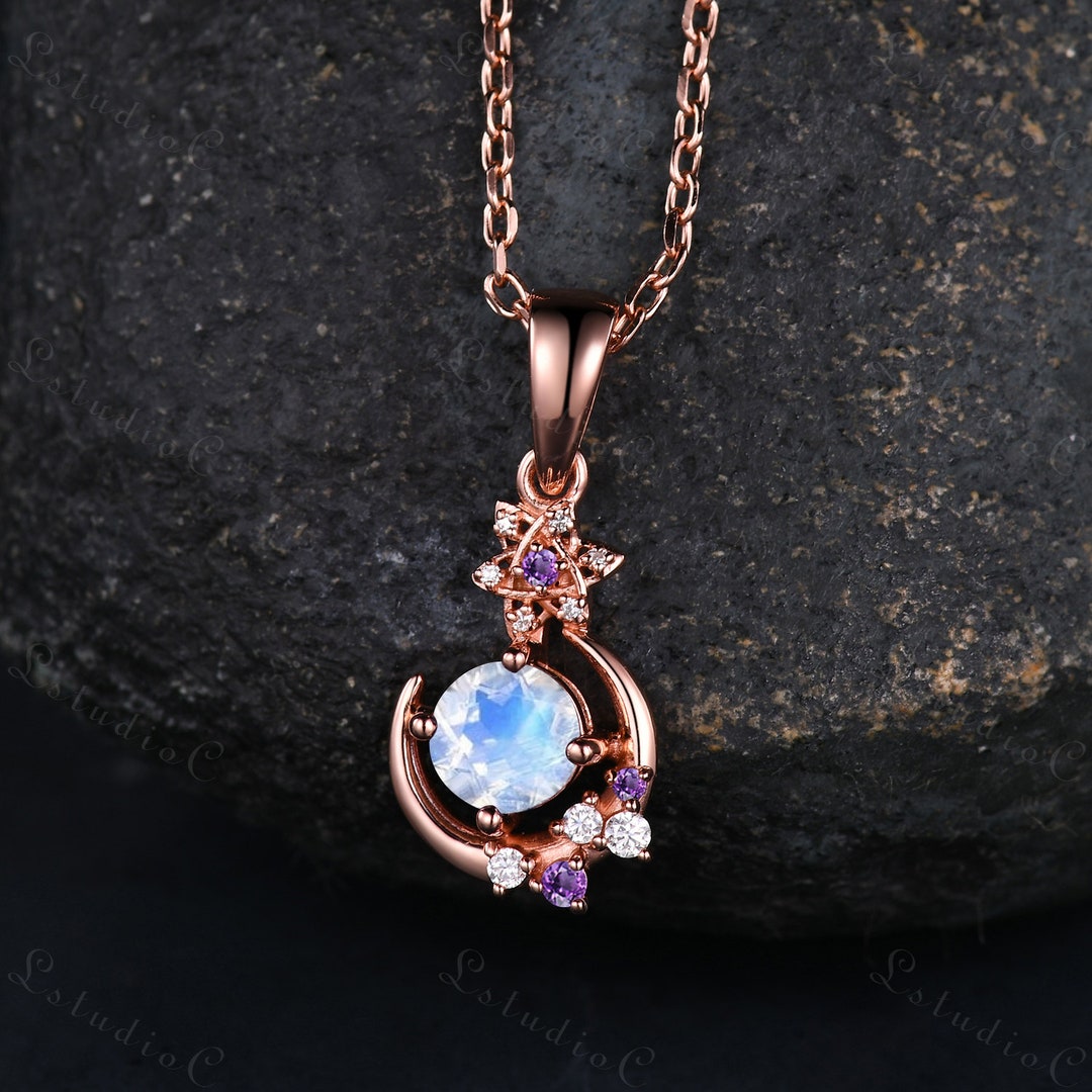 Art Deco Blue Moonstone Necklace 14k Rose Gold Unique Star Moon ...