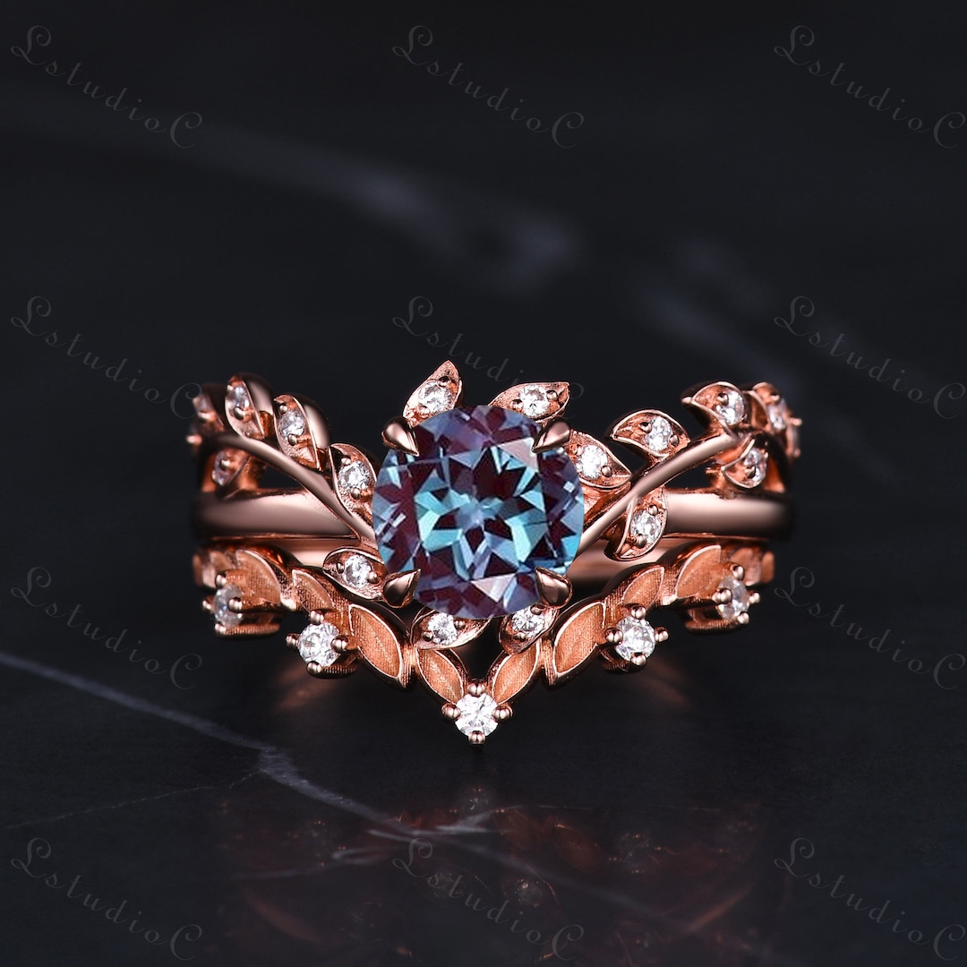 Retro Alexandrite Leaf Engagement Ring Set Vintage Moissanite Twig Vine ...