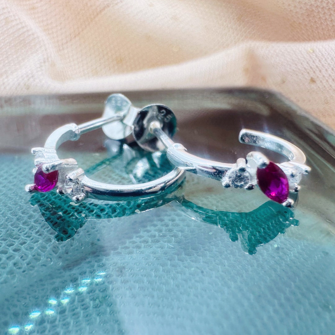 Irregular Shaped Cluster Hoops With Pink Baguette CZ Cluster, Huggie ...