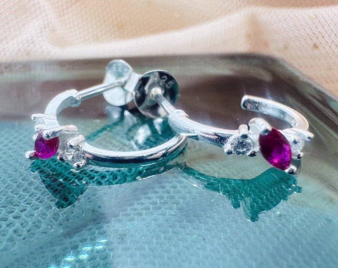 Irregular Shaped Cluster Hoops With Pink Baguette CZ Cluster, Huggie ...