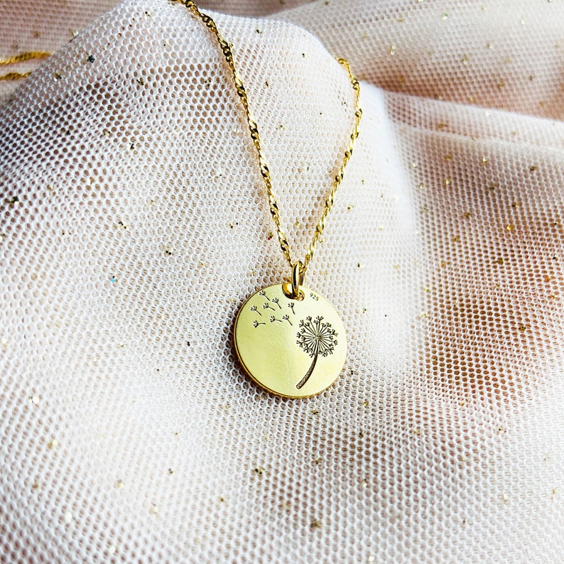 Gold Dandelion Necklace, Sterling Silver 925, Engraved Wish Necklace ...