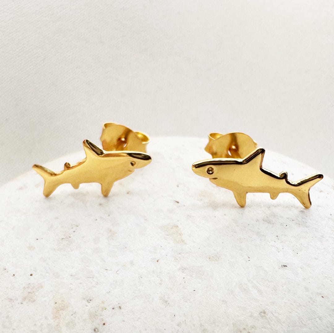 Tiny Shark Stud Earrings, Nautical Fish Fun Earrings, GOLD Shark Studs, Animal Earrings, Nature ...