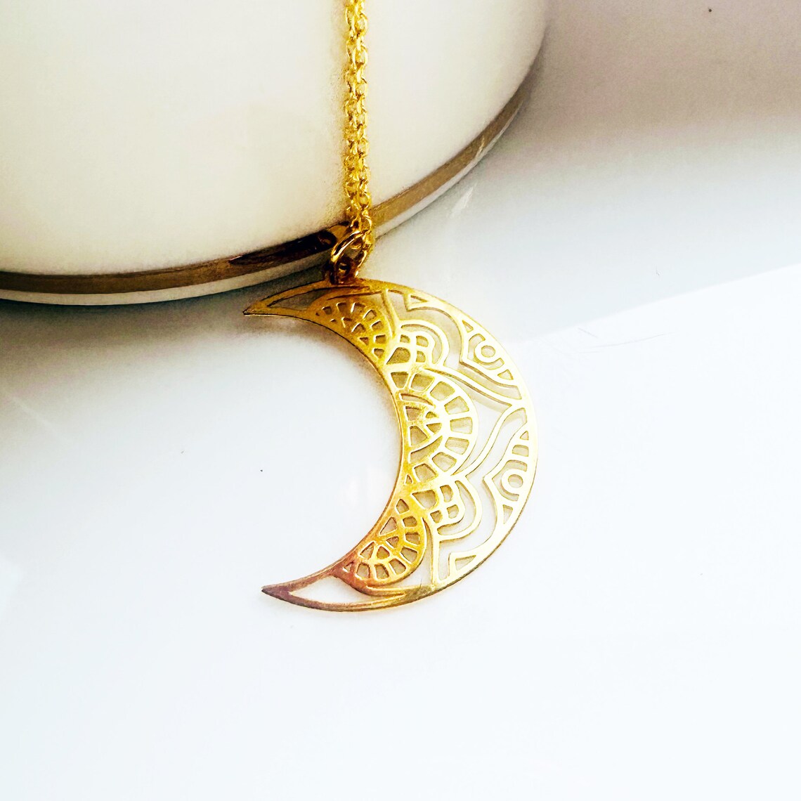 Filigree Moon Necklace, Gold Moon Necklace, Open Work Lunar Cycle ...