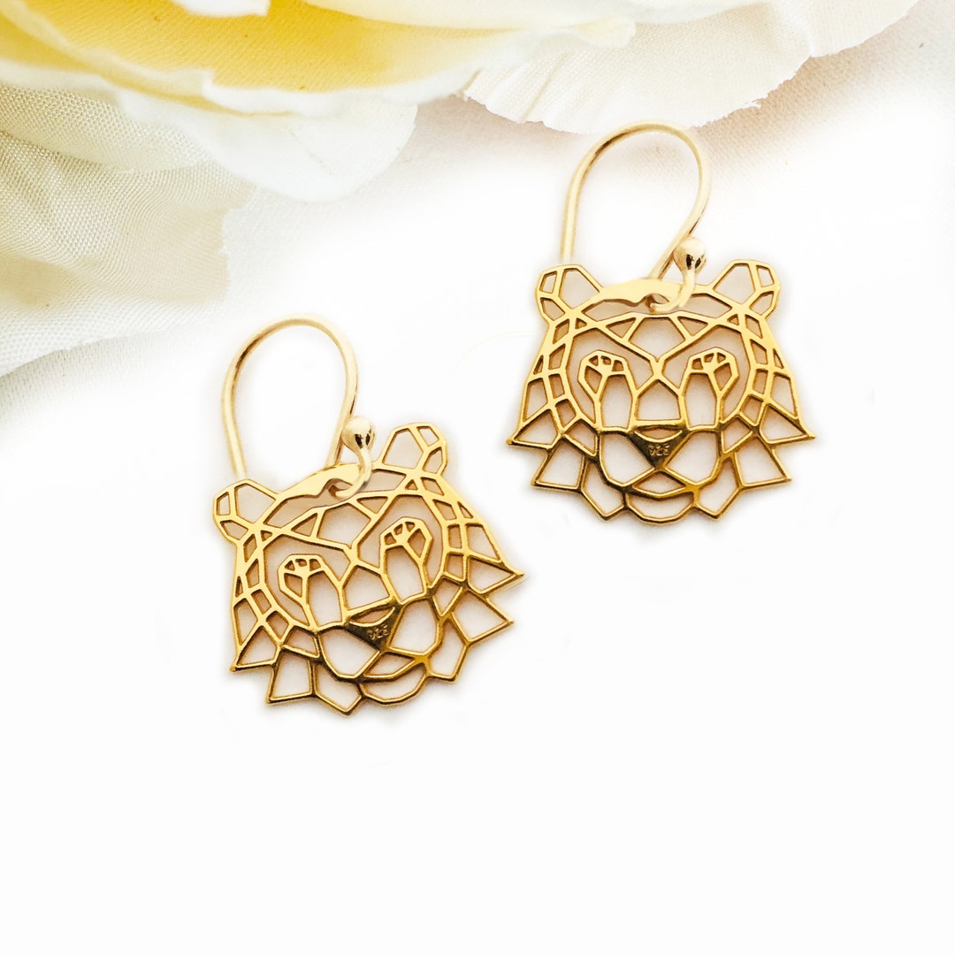 Gold TIGER Earrings, Geometric Origami Tiger Charms, Modern Tiger Animal Earrings in Gold Plated ...