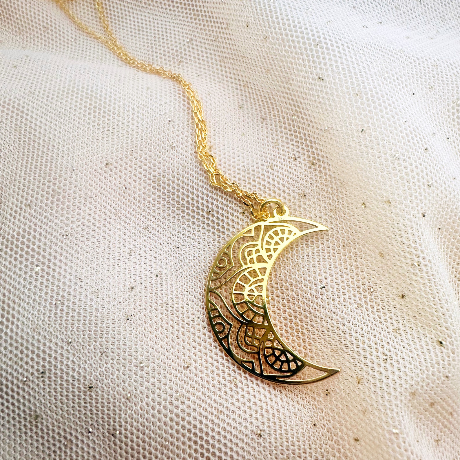 Filigree Moon Necklace, Gold Moon Necklace, Open Work Lunar Cycle ...
