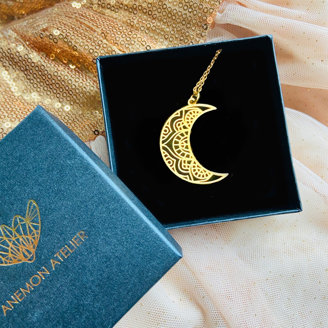 Filigree Moon Necklace, Gold Moon Necklace, Open Work Lunar Cycle ...