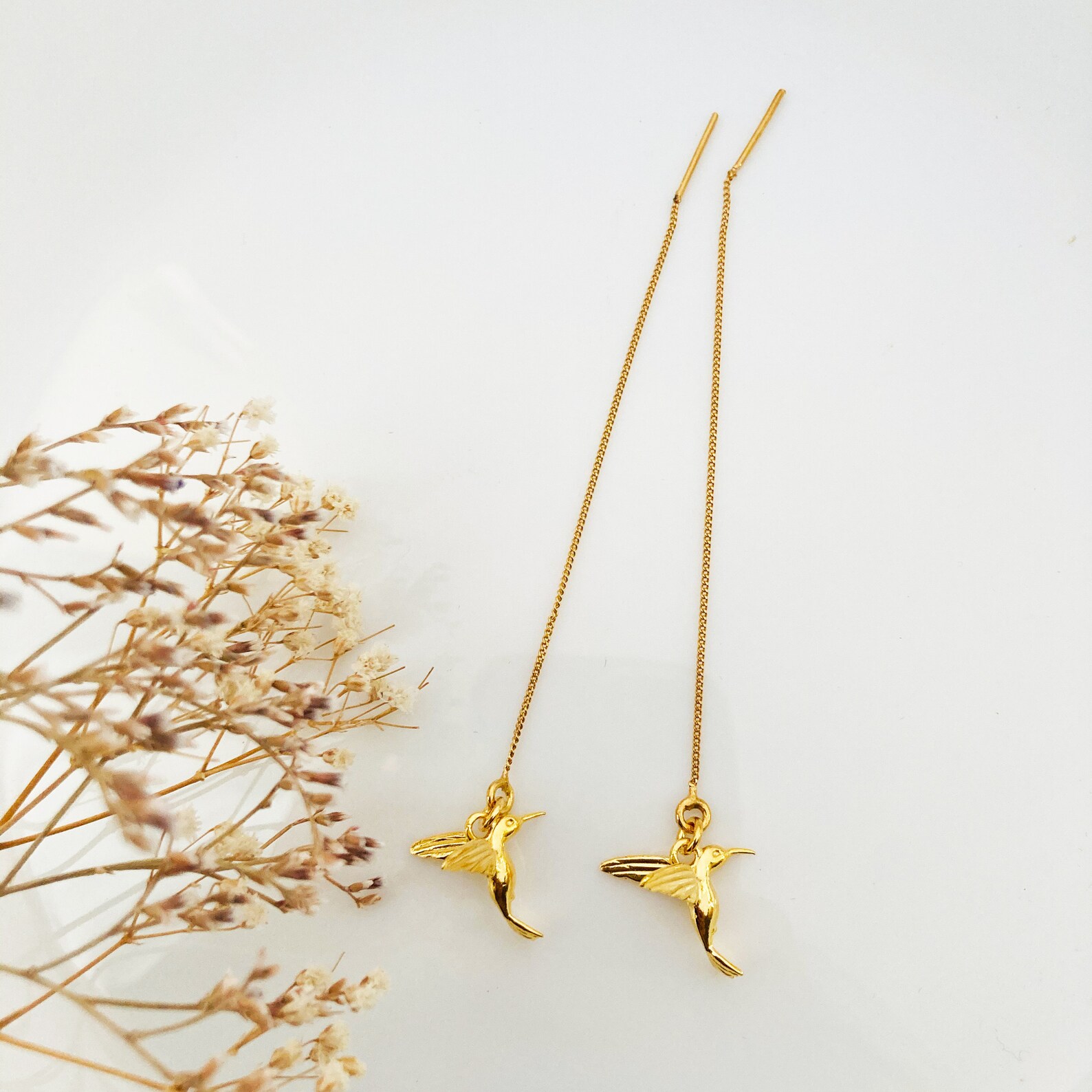 Hummingbird Earrings, Gold Hummingbird Charm Earrings, Long Colibri ...