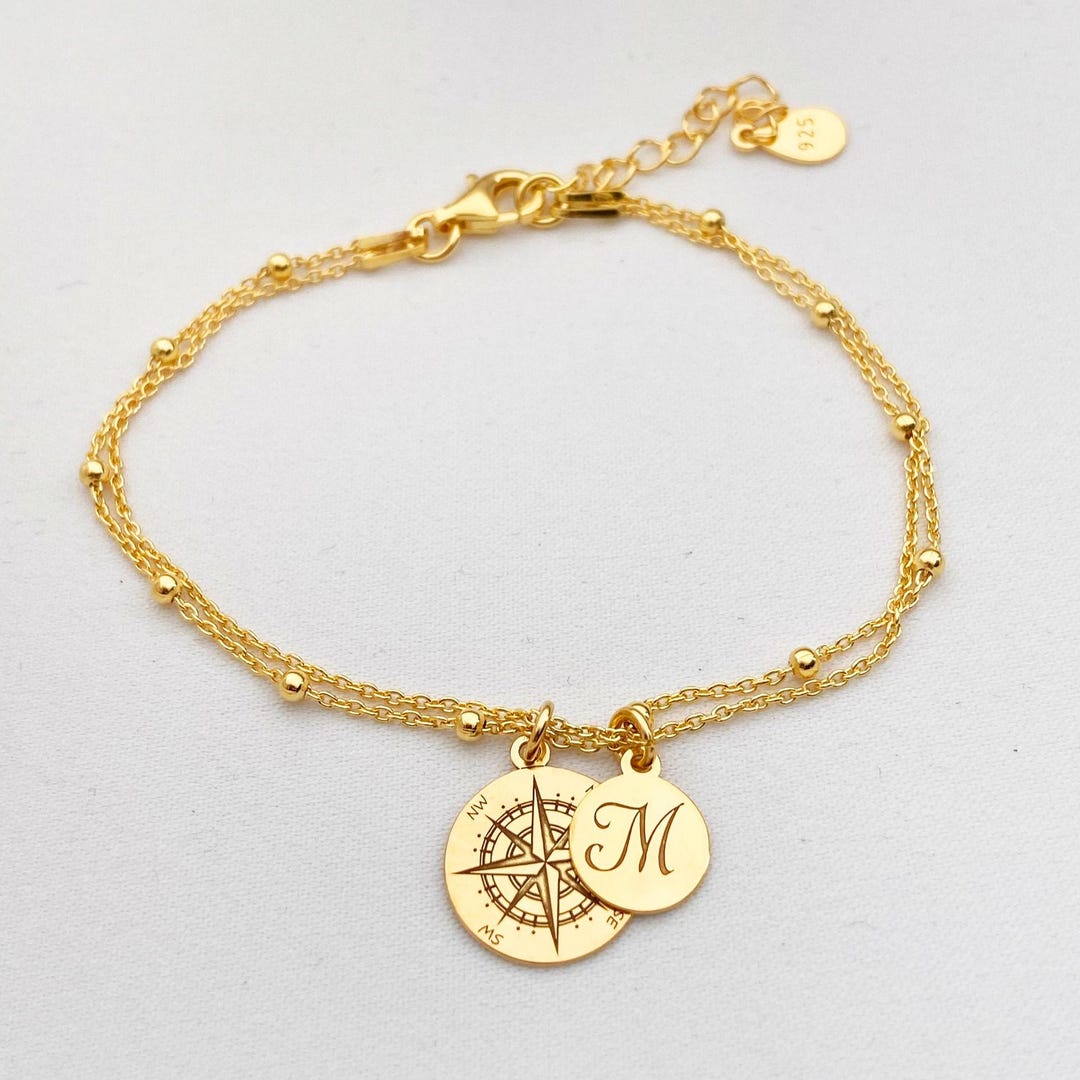 Compass Bracelet, Custom Compass Layering Bracelet, Double Chain ...