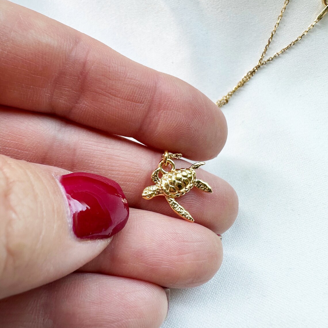 TINY TURTLE Necklace, Gold Plated Silver 925 Realistic Turtle Charm ...