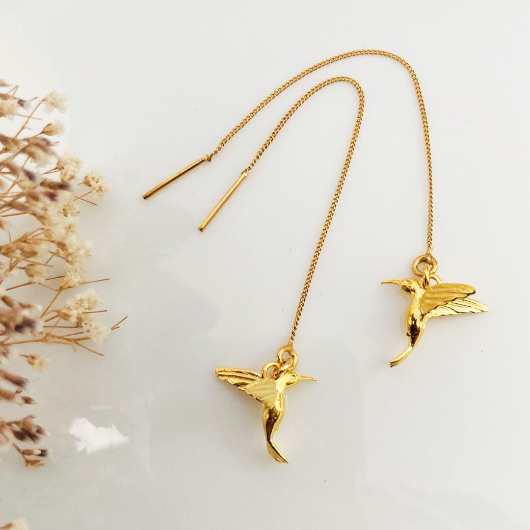 Hummingbird Earrings Gold Hummingbird Charm Earrings Long - Etsy