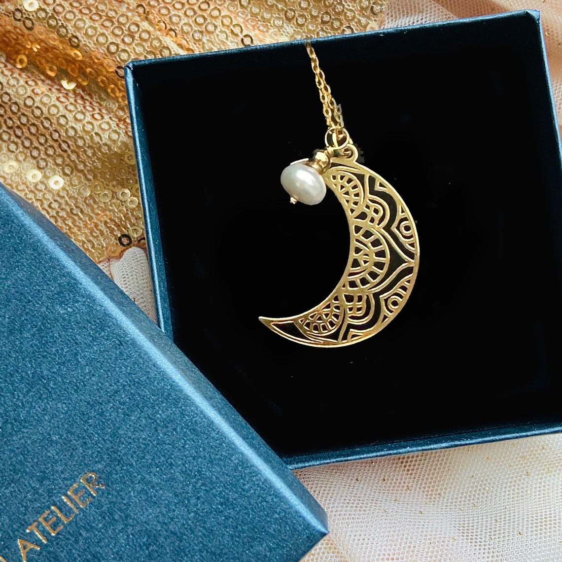 Filigree Moon Necklace, Gold Moon Necklace, Open Work Lunar Cycle ...