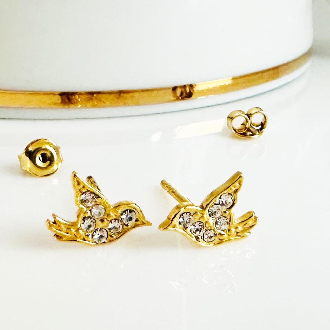 Gold Hummingbird Stud Earrings, Dainty Colibri Studs, Tiny Flying Birds ...
