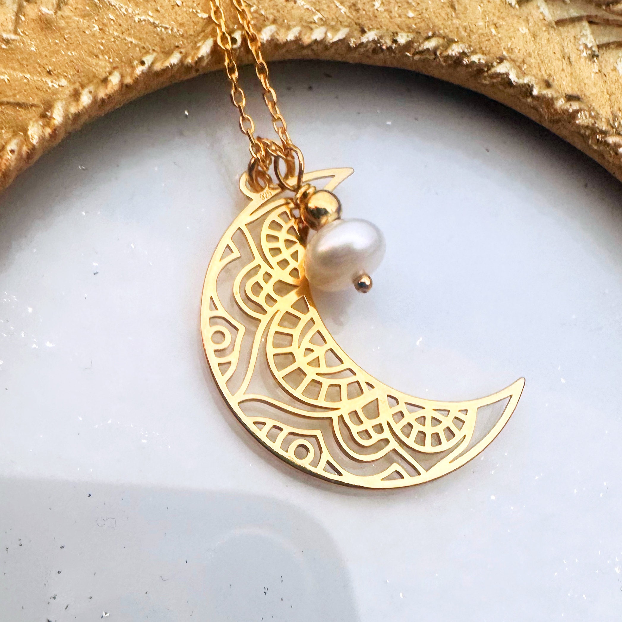 Filigree Moon Necklace, Gold Moon Necklace, Open Work Lunar Cycle ...
