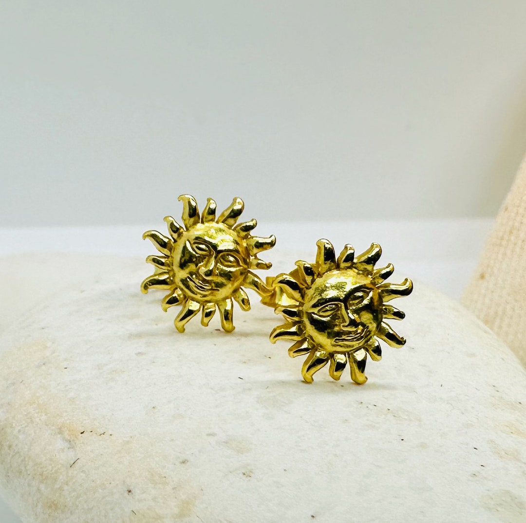 Gold Sun Stud Earrings, Small Sun Face Earrings , Dainty Studs Gift for ...