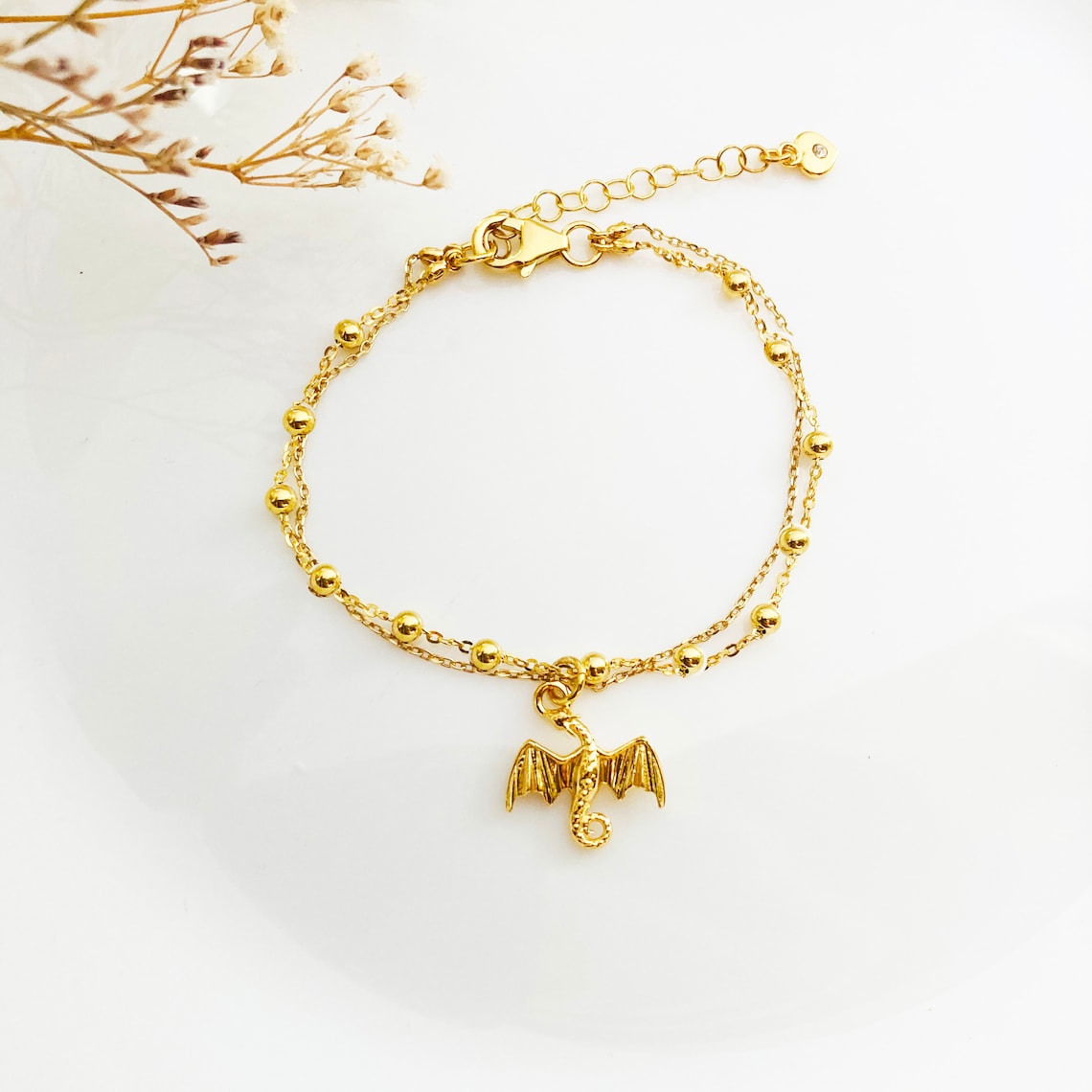 Dainty DRAGON Bracelet, Layering Gold Dragon Chain Bracelet, Flying ...