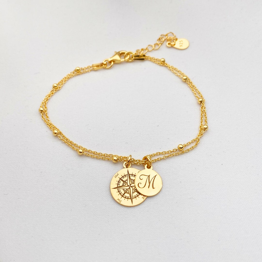 Compass Bracelet, Custom Compass Layering Bracelet, Double Chain ...