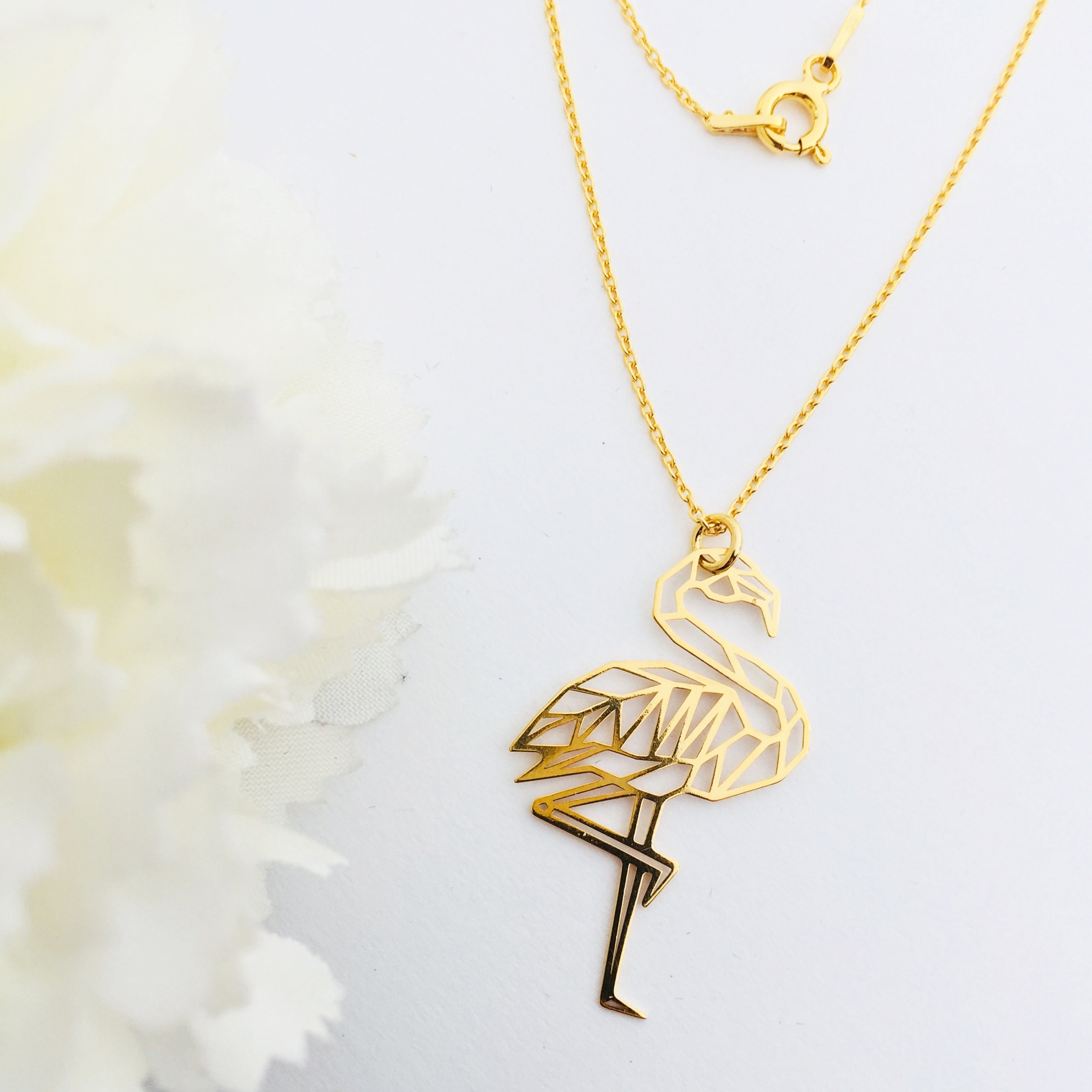 GOLD Flamingo Necklace, Origami Flamingo Pendant, Geometric Animal ...