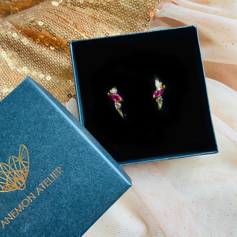 Irregular Shaped Cluster Hoops With Pink Baguette CZ Cluster, Huggie ...